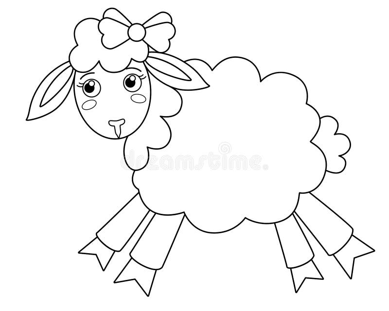 Lamb, Cute Little Sad Sheep with a Bow - Vector Linear Picture for ...