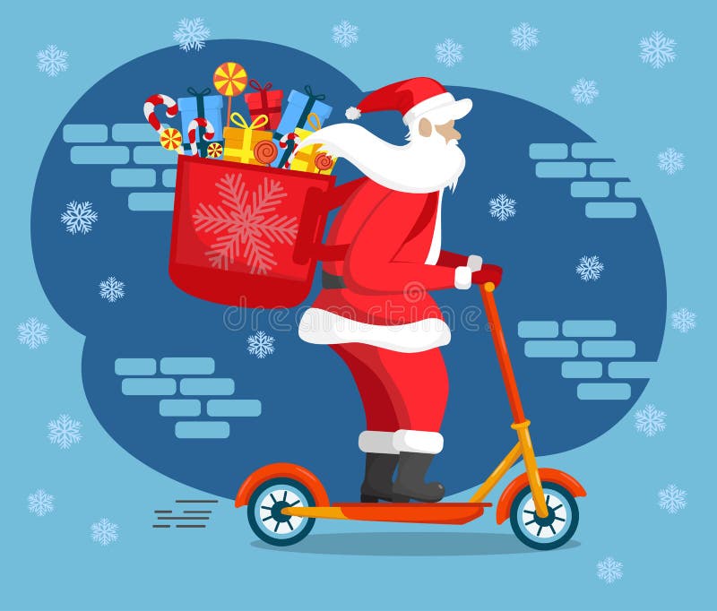 Santa Claus with a Box of Gifts Rides a Scooter on a Blue Background ...