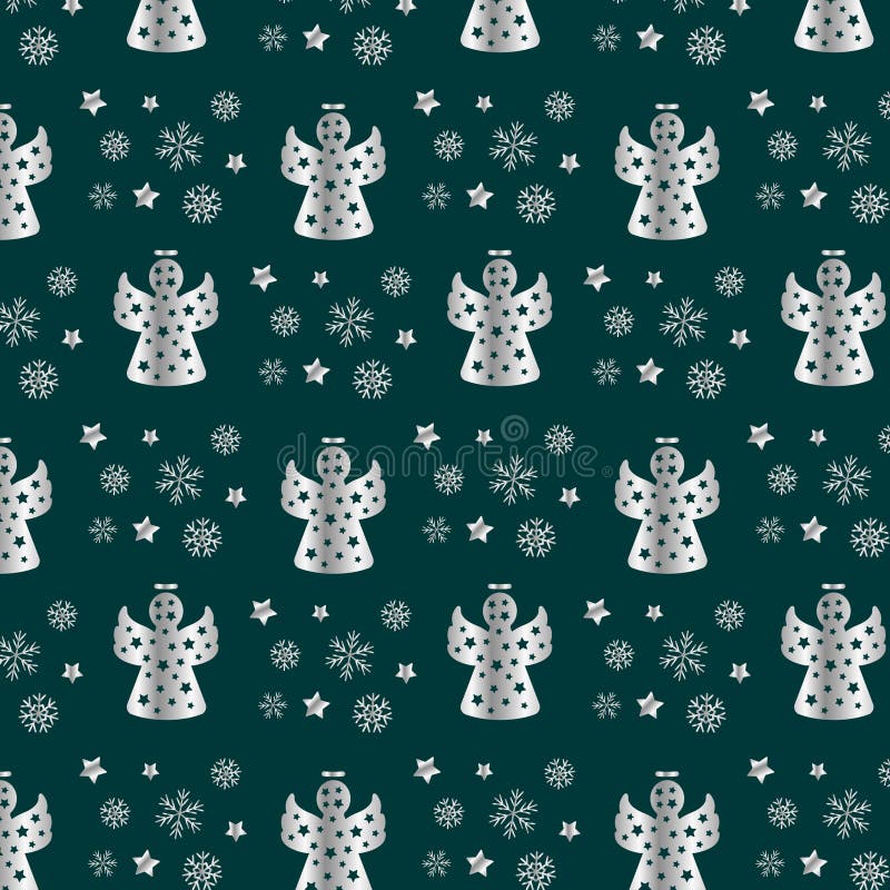 Seamless Pattern with Silver Angels, Snowflakes and Stars Stock Vector ...