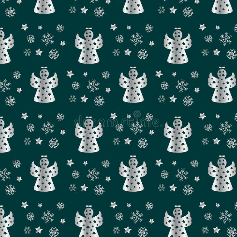 Seamless Pattern with Silver Angels, Snowflakes and Stars Stock Vector ...