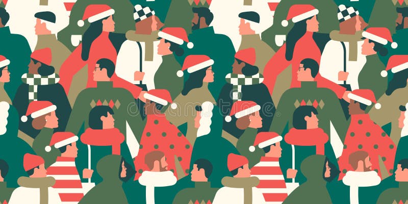 Diverse Christmas People Crowd Together Seamless Pattern Illustration ...