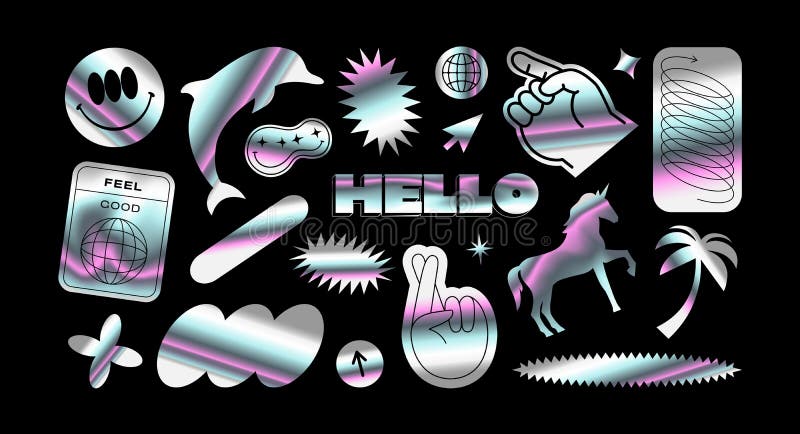 Trendy Retro Y2k Holographic Sticker Illustration Set Stock Vector ...