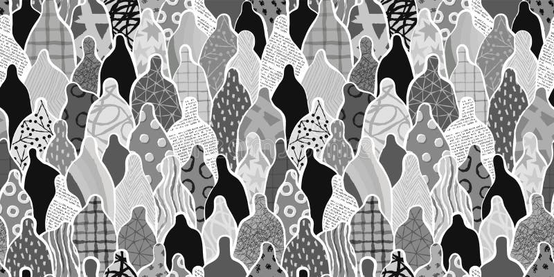 Gray Scale Diverse People Crowd Abstract Art Seamless Pattern Stock ...