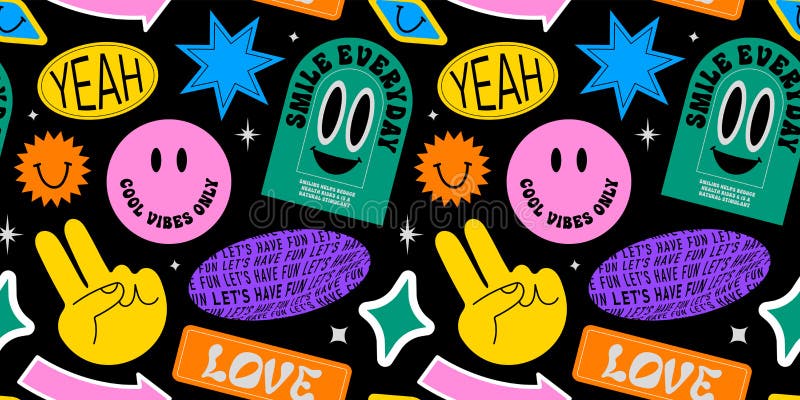 Funny Smiling Happy Face Colorful Sticker Label Seamless Pattern Stock ...