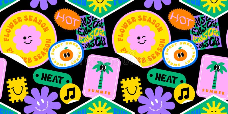 Funny Smiling Happy Face Colorful Sticker Label Seamless Pattern Stock ...