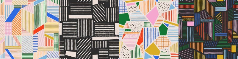 Abstract Colorful Geometric Line Doodle Seamless Pattern Set Stock ...
