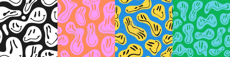 Set of Funny Melting Smiley Face Colorful Cartoon Seamless Pattern ...