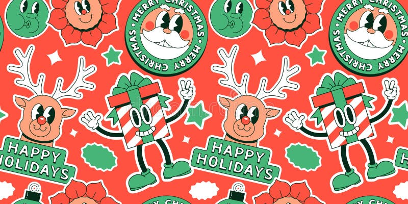 Funny Vintage Christmas Cartoon Character Label Seamless Pattern Stock ...