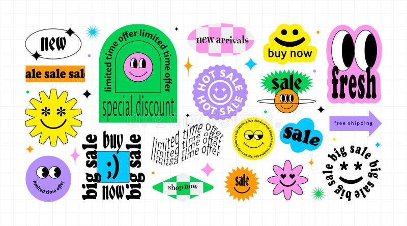 Colorful Happy Face Business Sale Sticker Collection Stock Vector ...