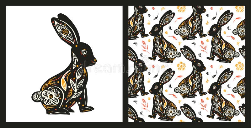 Hand-drawn Rabbits with Hand Print Linocut Style Ornament. Set of ...