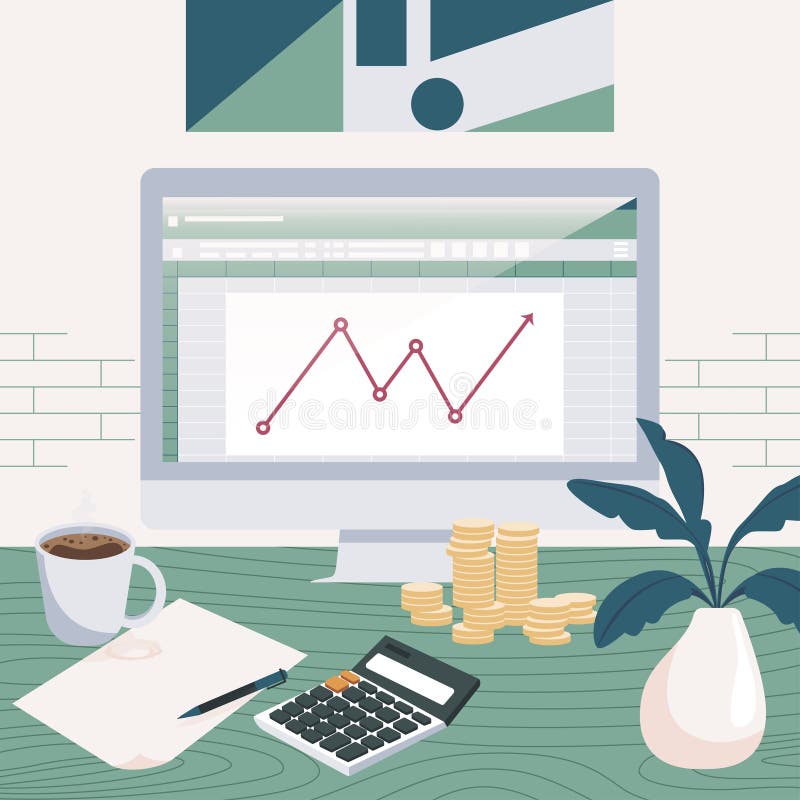 Office Desk with Graph Chart Computer, Coin, Calculator, Blank Paper ...