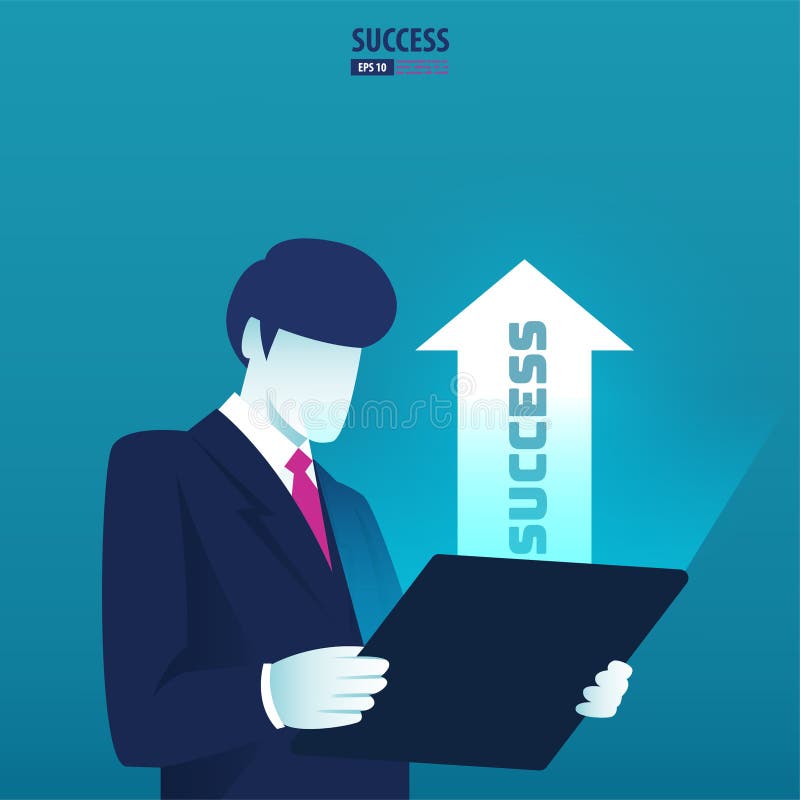 Businessman Holding a Tablet and Success Arrow Appears from the Monitor ...