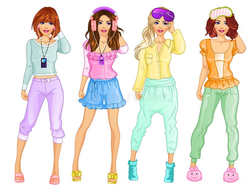 Pyjama Party Set of Cute Girly Characters Stock Vector - Illustration ...