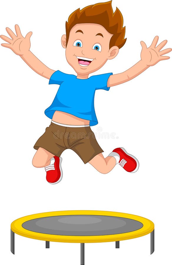 Cartoon Little Boy Playing Trampoline Stock Vector - Illustration of ...