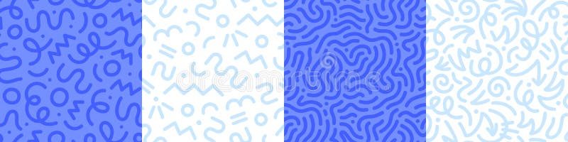 Abstract Blue Color Line Doodle Seamless Pattern Set Stock Vector ...