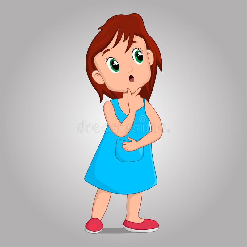 Cute Little Girl Thinking Pose, 2d Cartoon Character Vector Stock ...