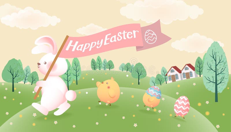 Easter Greeting Card with Hare, Easter Eggs and Chicks Stock Vector ...