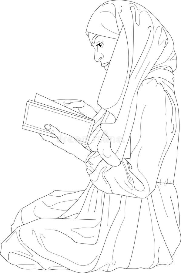 Realistic Muslim Woman Reading Book Graphic Sketch Template. Stock ...