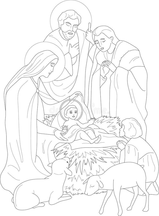 Jesus Christ Born in Barn with Apostles and Sheeps Graphic Sketch ...