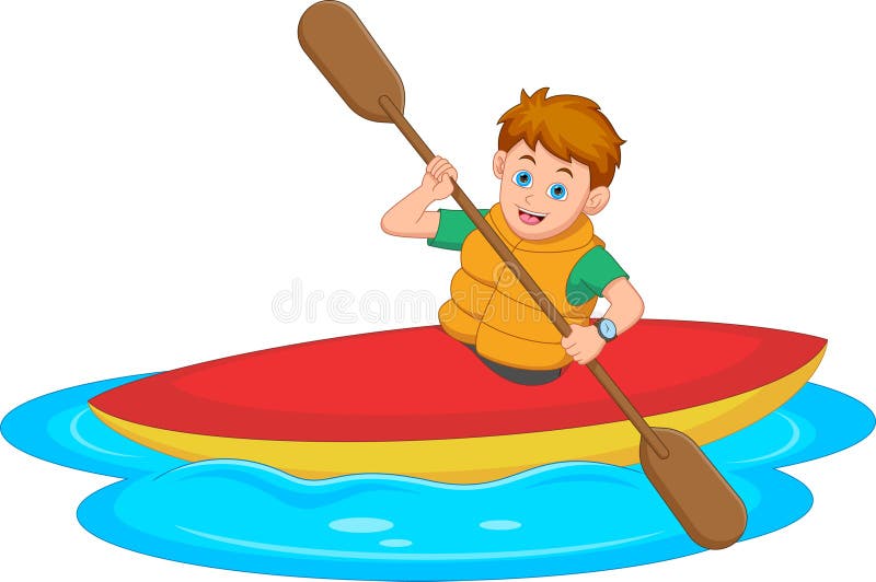Cartoon Little Boy Rowing Inflatable Boat Stock Vector - Illustration ...