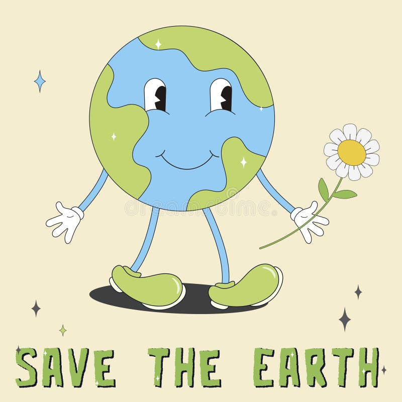 World Environment Day.70s.Earth Day.Retro.Cartoon Cute Earth Planet ...