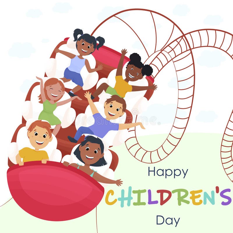 Happy Children S Day. Illustrations of Happy Kids Riding Amusement ...
