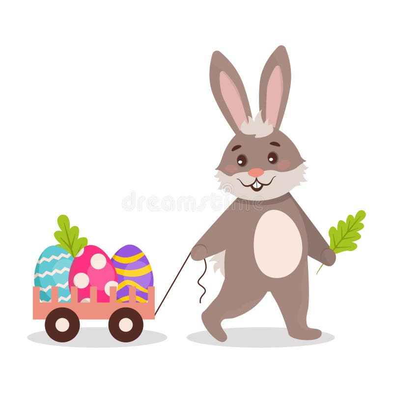 Easter Bunny is Carrying a Cart Full of Colored Eggs. Stock Vector ...