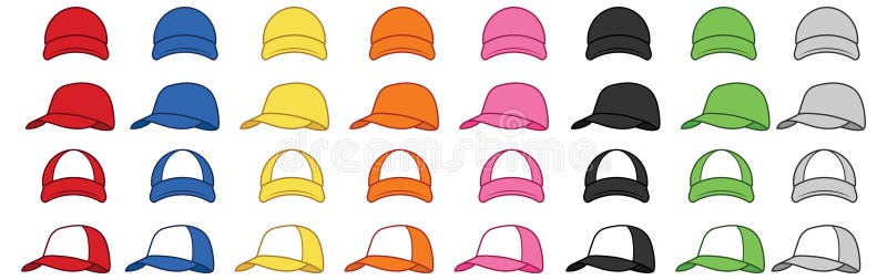 Multi Color Baseball Hat Clipart Set - Front and Side Views Stock ...