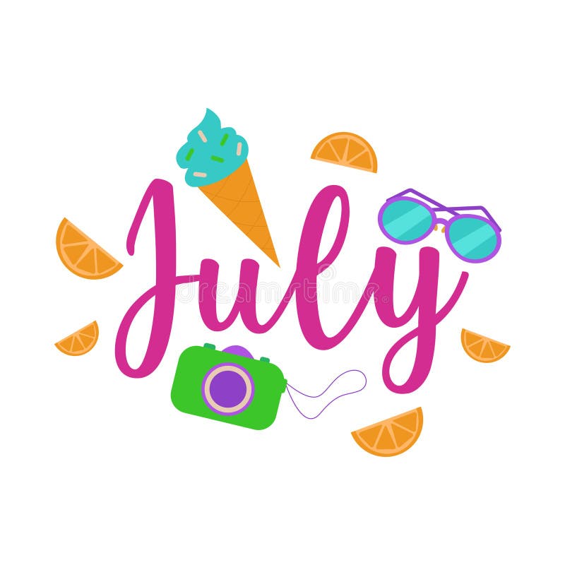 Month July Lettering with Elements. Stock Vector - Illustration of ...