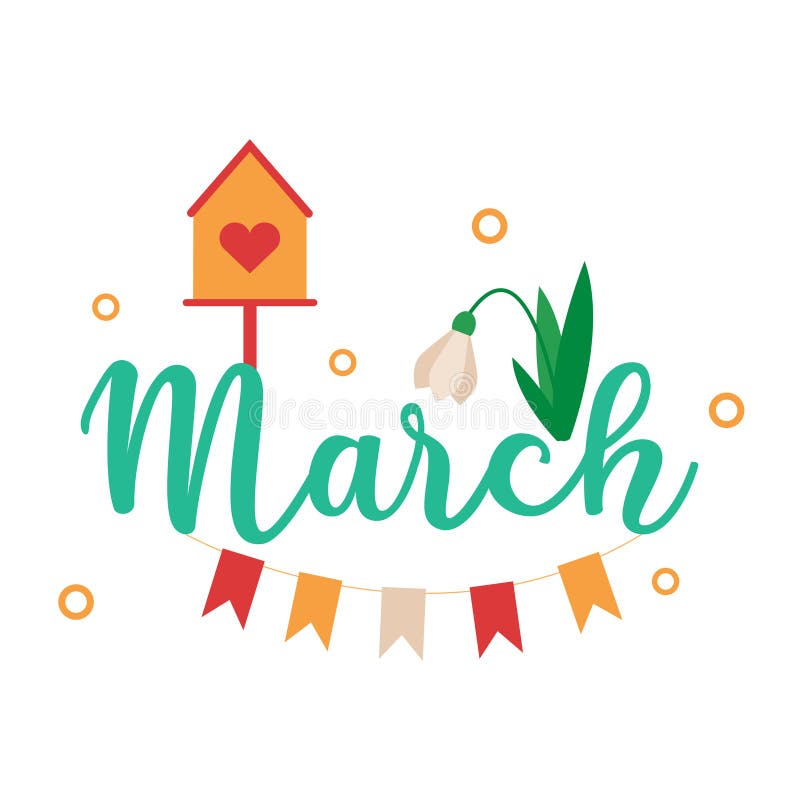 Month of March Lettering with Elements. Stock Vector - Illustration of ...