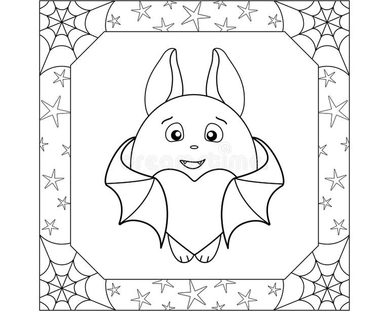 Cute Bat Hugging a Heart in a Square Frame with Cobwebs and Stars Stock ...