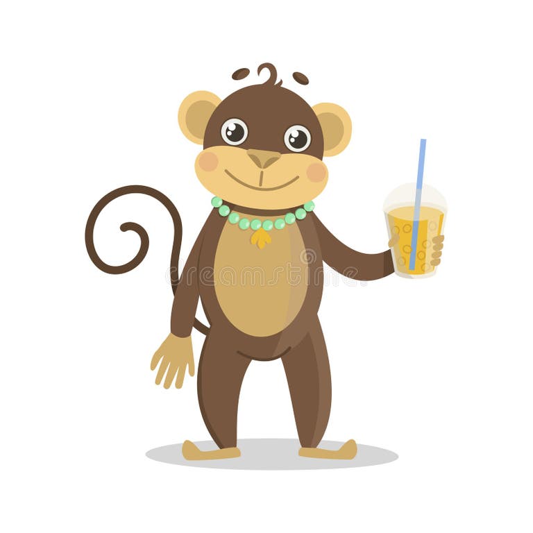 Monkey Stands and Holds a Cold Drink in His Hand Lemonade. Stock Vector ...
