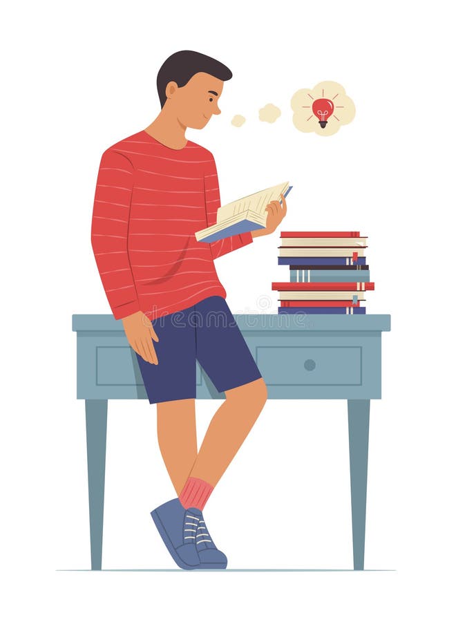 Man Reading a Book and Thinking Good Idea Stock Vector - Illustration ...