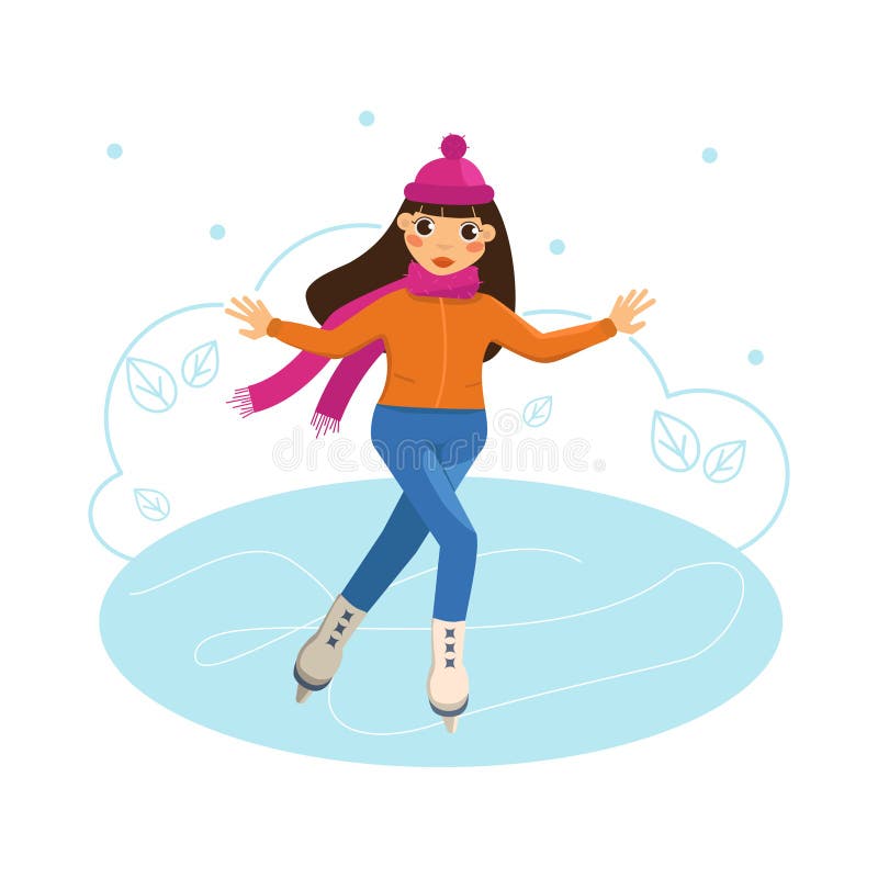 Cute Cartoon Girl in Warm Clothes Goes Ice Skating in Winter. Stock ...