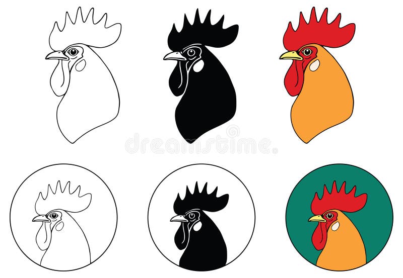 Rooster Head Clipart Set - Outline, Silhouette & Color Stock Vector ...
