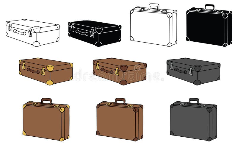 Retro Suitcase or Briefcase Clipart Set - Outline, Silhouette and Color ...