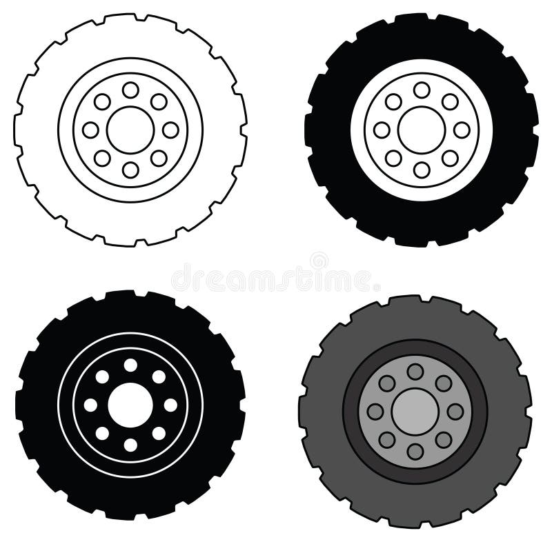 Large Tire Wheel Clipart Set - Outline, Silhouette & Color Stock Vector ...