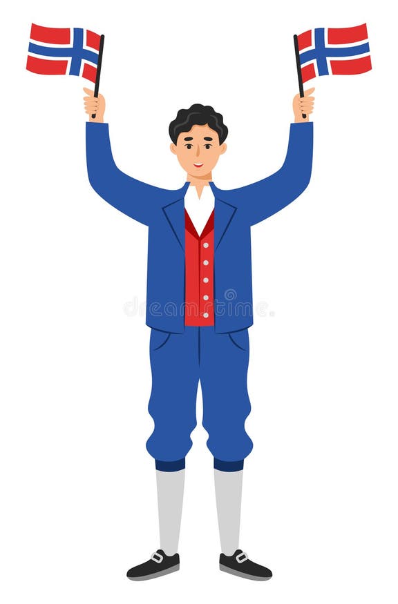 Man in Norwegian Costume (bunad) Raising National Flags. Norway ...