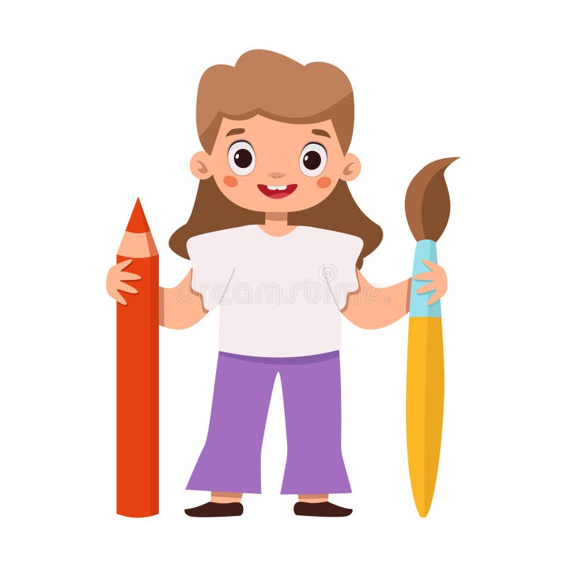 Children S Hobbies. Girl with a Brush for Drawing and a Pencil Stock ...