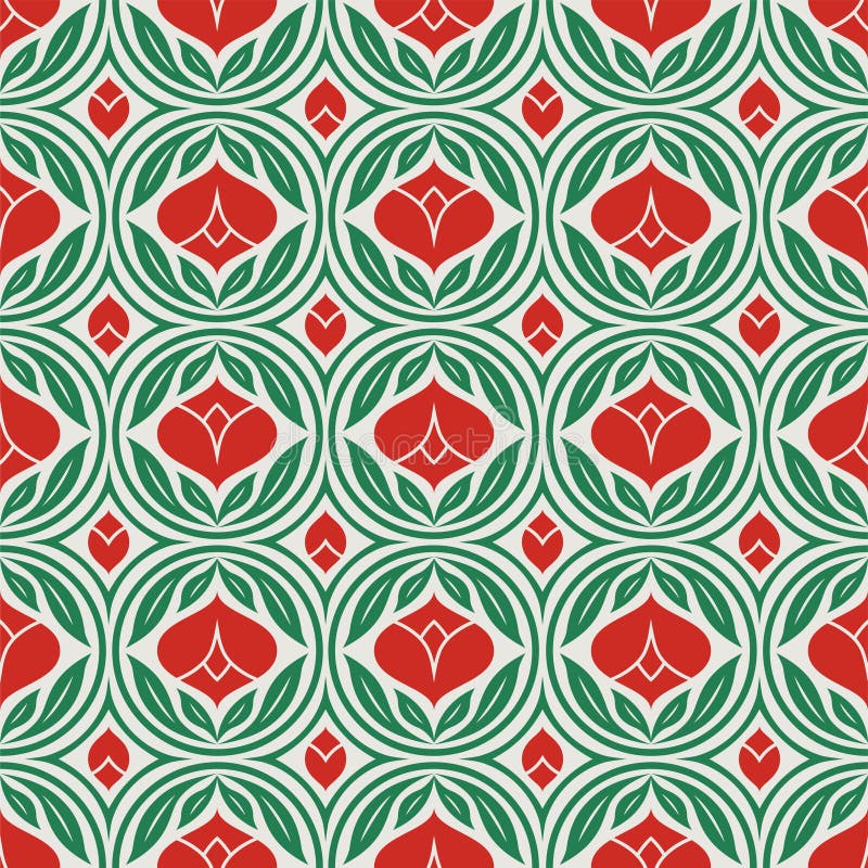 Seamless Colorful Geometric Pattern. Red Tulips and Green Leafs in a ...