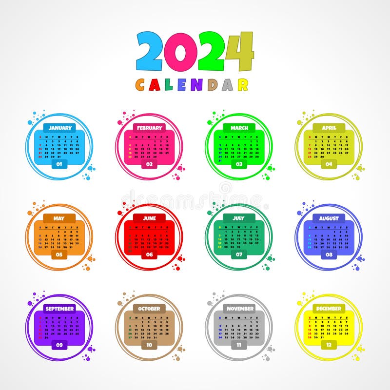 Calendar 2024 Colorful Cartoon Style Template Vector Illustration Stock ...