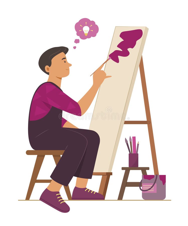 Artist Man Thinking Idea To Painting Colors on Canvas Stock ...