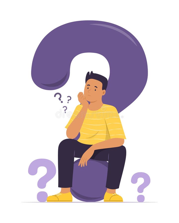 Man Thinking and Sitting on Big Question Mark Concept Illustration ...