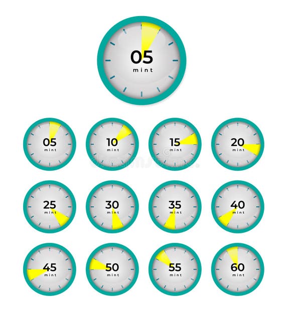 Set of Cartoon Style Decent Timer Clocks with Five Minutes Gap Vector ...