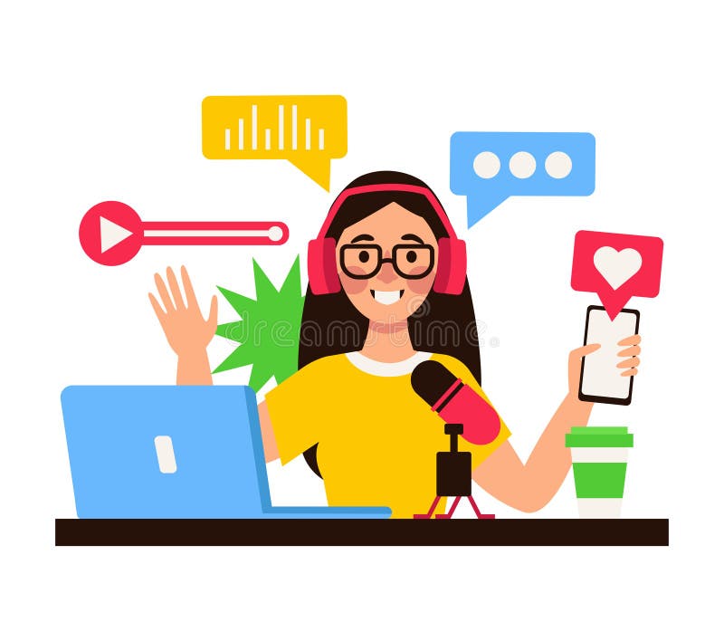 Podcast Host. Woman in Headphones Sits at a Table with a Laptop and a ...