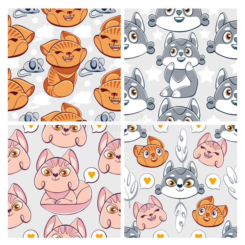 Patterns on the Theme of Cute Cats Characters in Cartoon Style. Stock ...