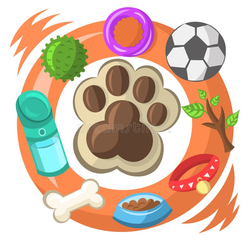 Dog Paw with Various Dog Pet Objects Around in Orange Circle - Vector ...