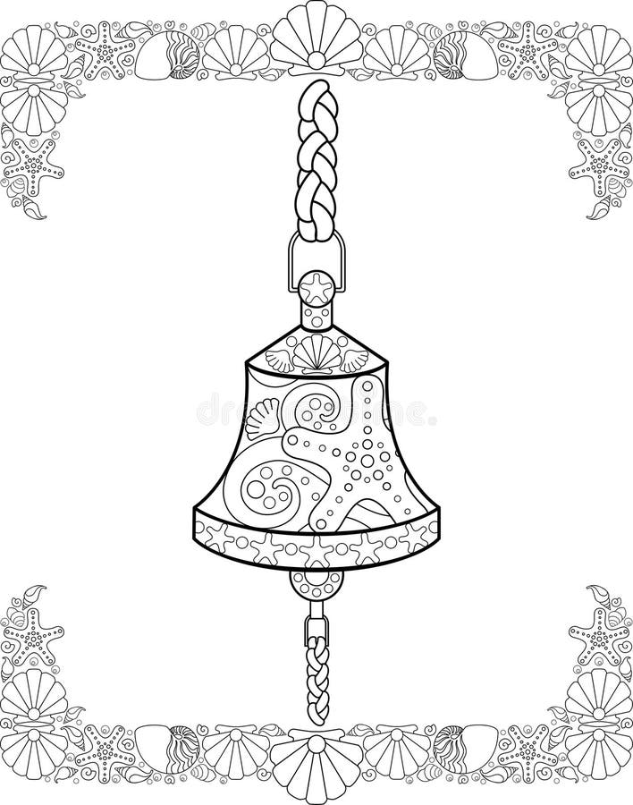 Ship S Bell with Shell Borders - Vector Linear Picture for Coloring ...