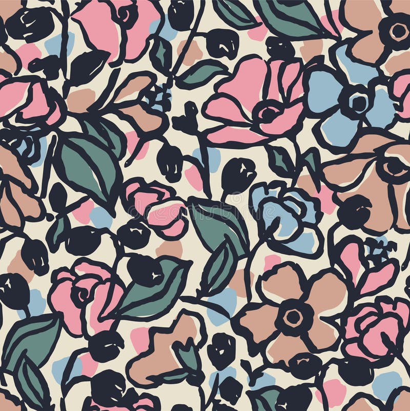 Vector Flower with Bold Line Sketch Illustration Seamless Repeat ...