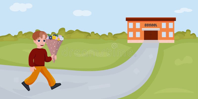 Back To School. Vector Illustration . a Boy with Flowers Goes To School ...